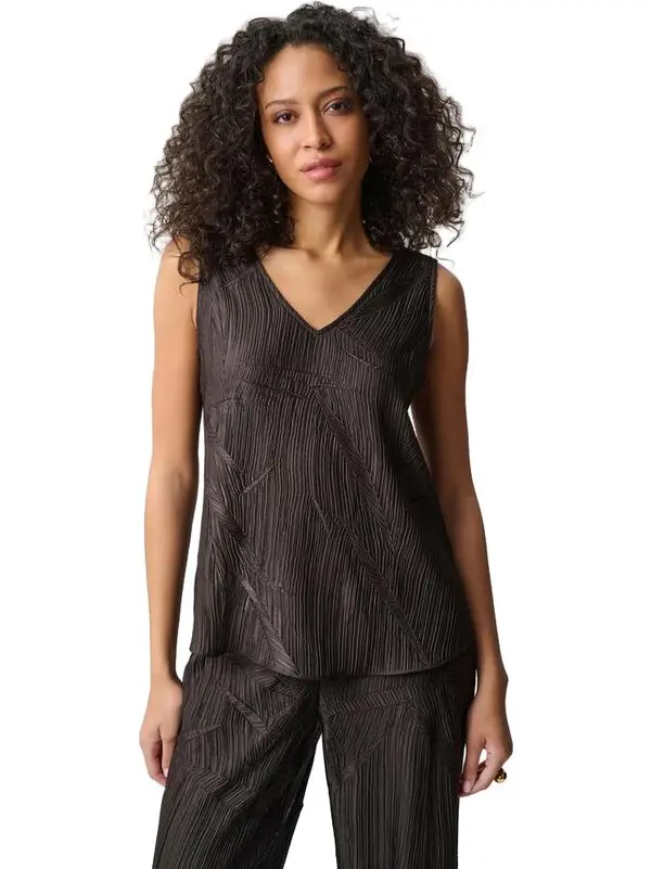 Joseph Ribkoff Pleated Satin Flared V-neck Top - Mocha