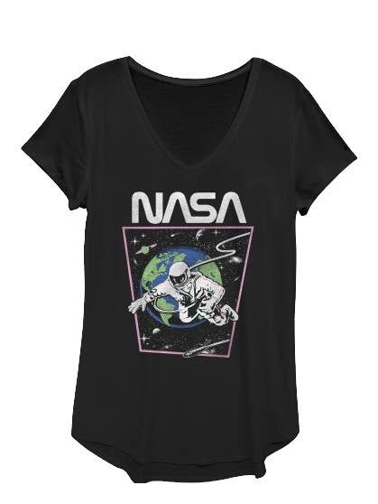 NASA Distressed Astronaut In Space Graphic V-neck T-shirt - Black