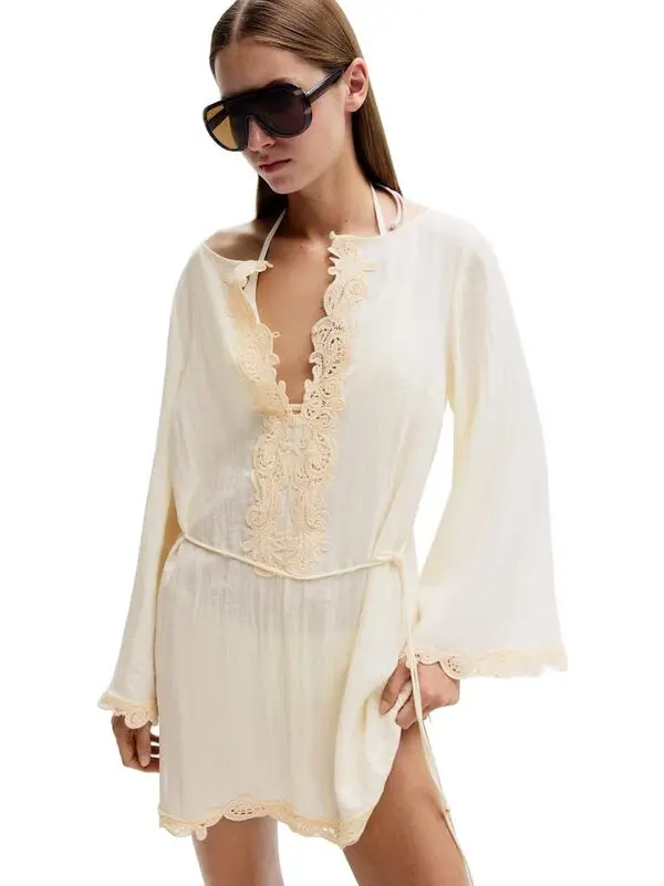 H&m Lace-trimmed Crinkled Viscose Blend Dress - Cream