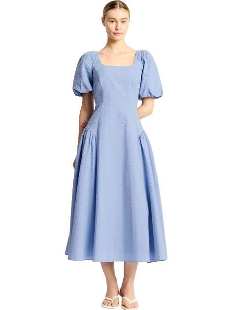 ALBARAY Seersucker Square Neck Puff Sleeve Tiered Midi Dress - Blue