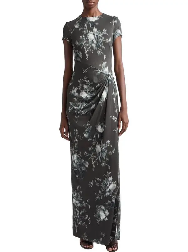 Oscar De La Renta Floral Print Draped Jersey Maxi Dress - White/carbon