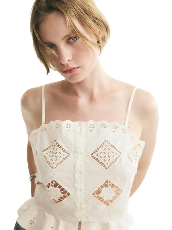 H&M Eyelet Embroidered Cropped Top - Cream
