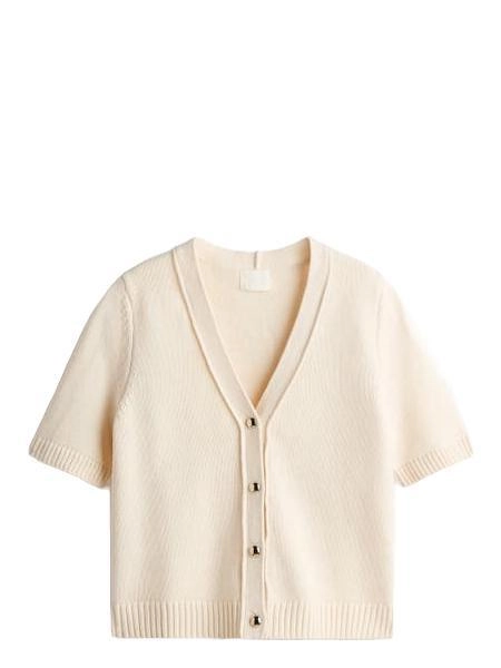H&M Short-sleeved Knit Cardigan With V-neck And Metal Buttons - Light Beige