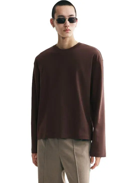 H&M Relaxed-fit Long-sleeved Interlock Cotton T-shirt - Dark Brown