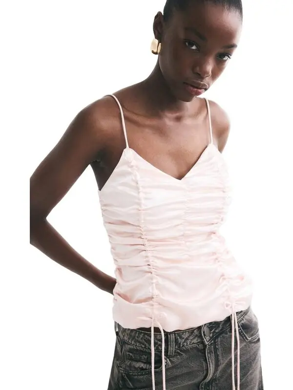 H&M Ruched Satin Top With V-neck And Drawstring Detail - Light Pink