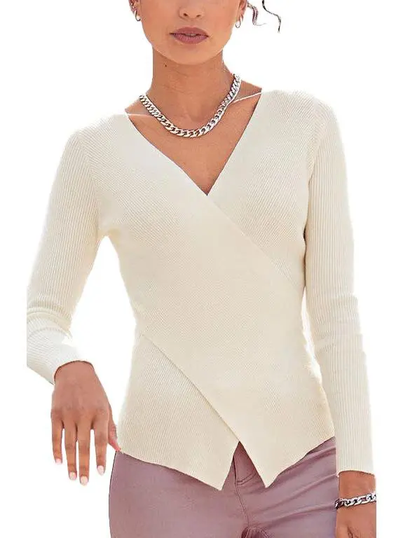 LASCANA Ribbed Knit Overlapping V-neck Sweater - Ivory
