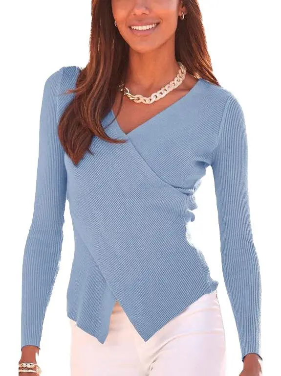 LASCANA Ribbed Knit Overlapping V-neck Sweater - Light Blue