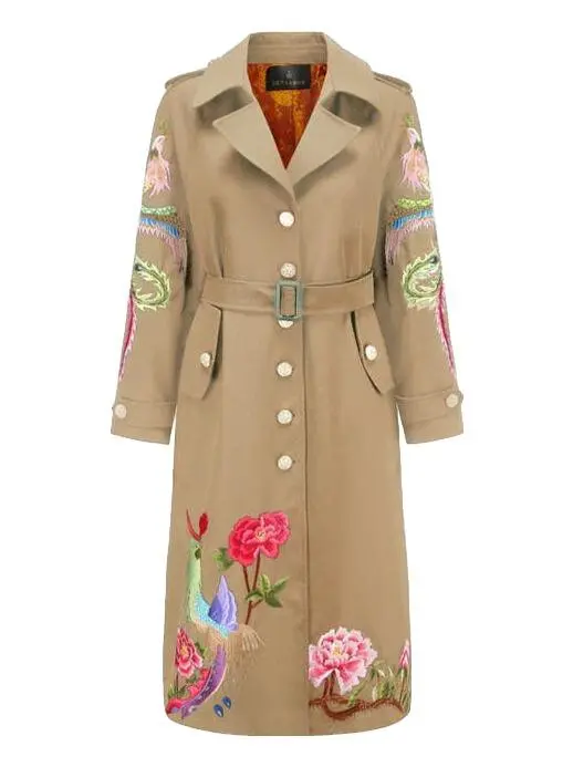 SKYLENCE Phoenix Heritage Embroidered Trench Coat - Beige