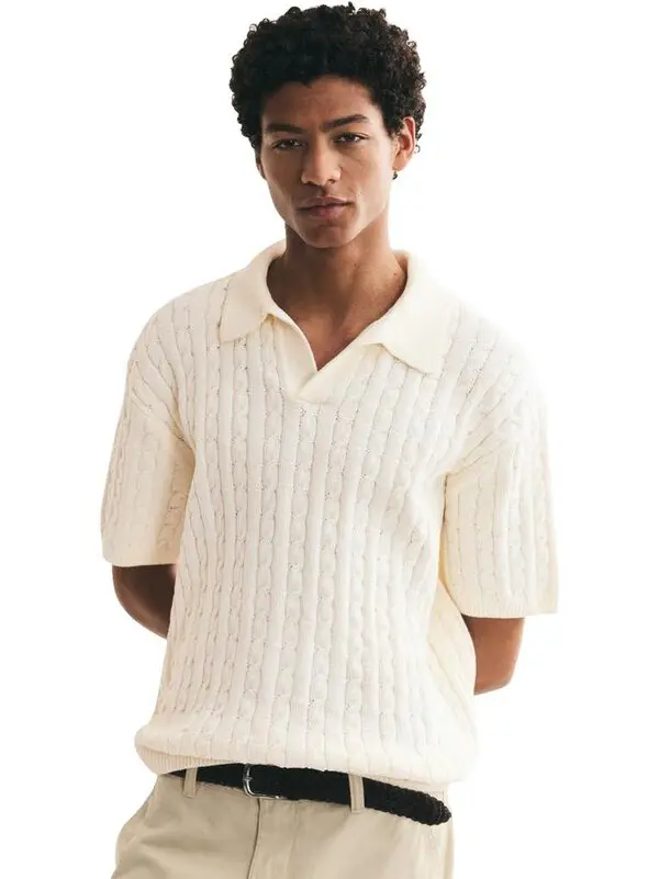 H&M Relaxed-fit Cable-knit Polo Shirt - Cream