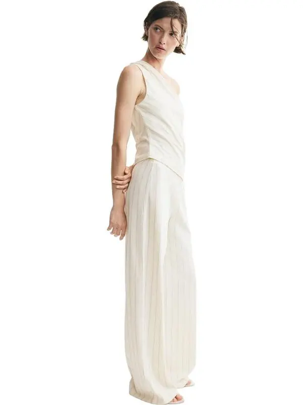 H&M Textured Cotton-blend Relaxed-fit Straight-leg Pants - Light Beige/striped