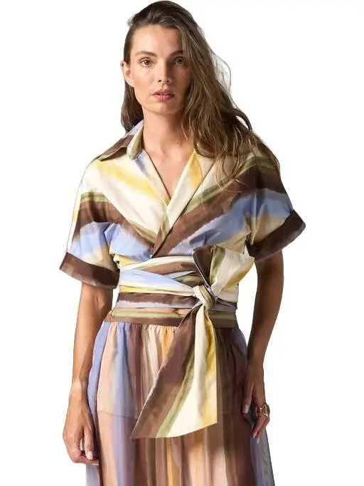JBQ Kora Striped Sateen Wrap Top - Blue Multi