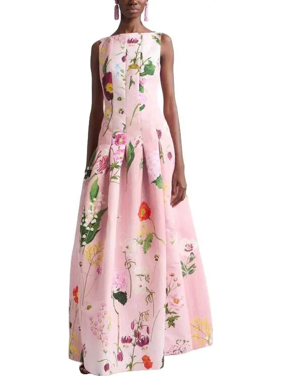Oscar De La Renta Sleeveless Floral Print Gown - Blush Multi