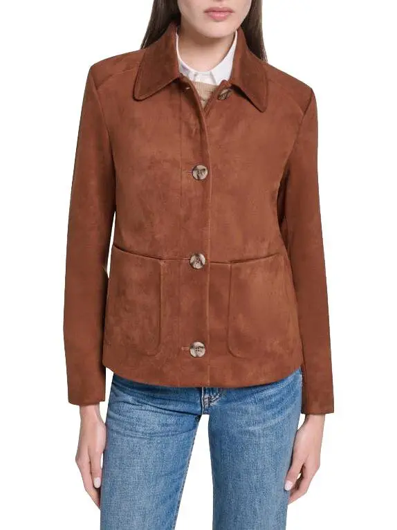 Cole Haan Faux Suede Button-front Jacket With Patch Pockets - Cognac