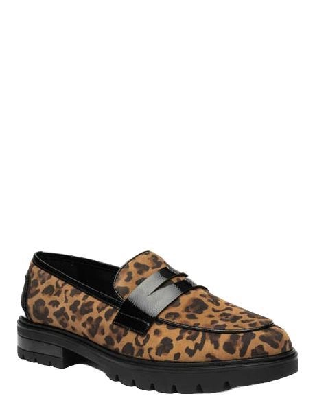 ARA Caladium Leopard Print Suede Loafers With Patent Penny Strap And Lug Sole - Brown