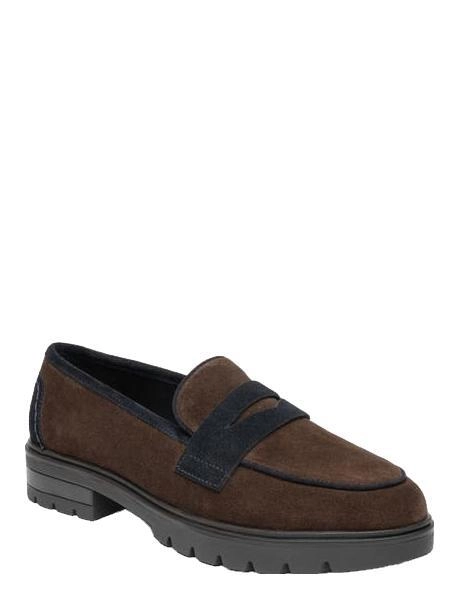 ARA Caladium Leopard Print Suede Loafers With Patent Penny Strap And Lug Sole - Brown