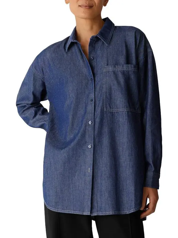 Eileen Fisher Organic Cotton Denim Long Shirt - Dark Indigo