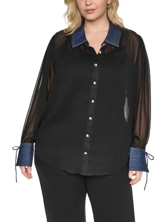 Karl Lagerfeld Paris Crinkle Chiffon Shirt With Denim Trim - Black