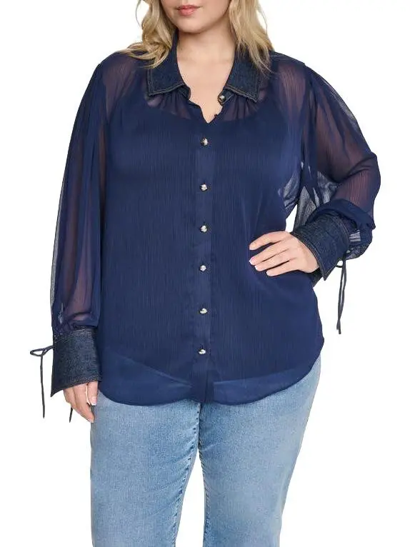 Karl Lagerfeld Paris Crinkle Chiffon Shirt With Denim Trim - Naval Academy