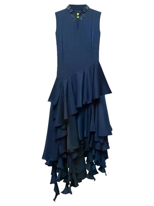 Shanghai Tang Beaded Embellished Mandarin Collar Sleeveless Qipao Dress - Blue