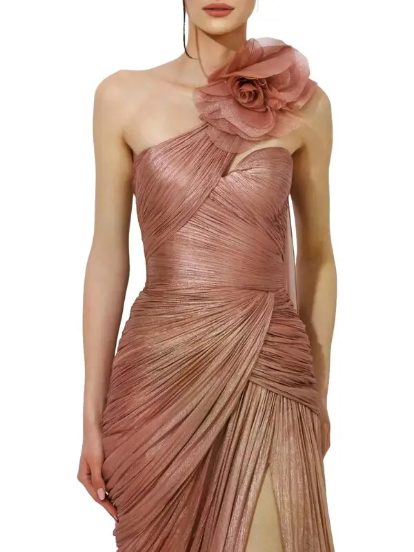 IRIS SERBAN One-shoulder Floral Appliqué Maxi Dress - Pink