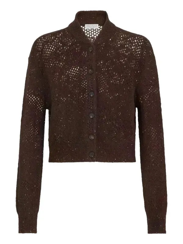 Brunello Cucinelli Lace Flowers Cardigan In Sparkling Mohair And Virgin Wool - Brown