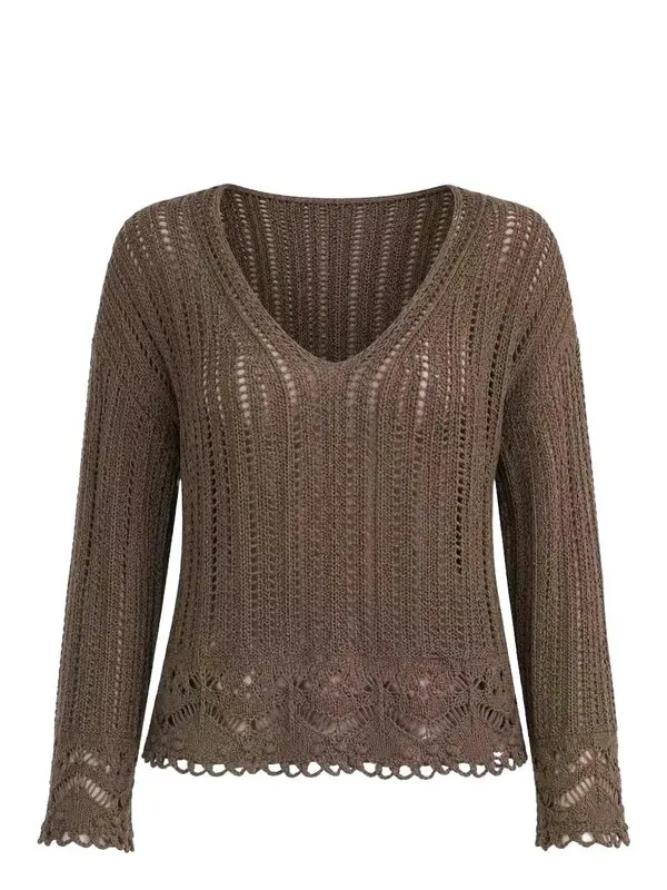 TENSIONE IN Crochet Knit V-neck Sweater - Brown