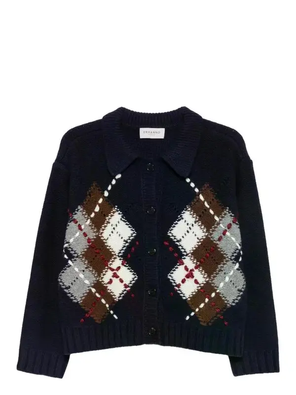 ERMANNO FIRENZE Argyle Knit Collared Cardigan - Blue