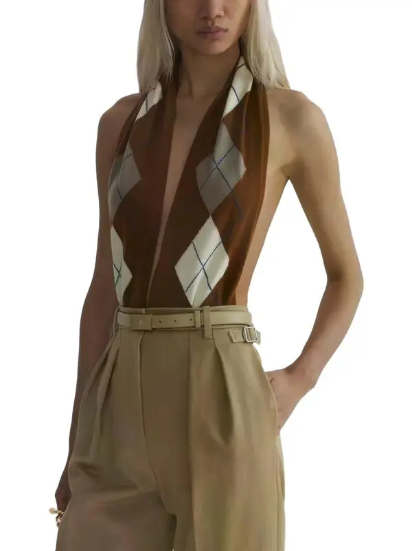 MUGLER Cashmere Argyle Halterneck Bodysuit - Brown