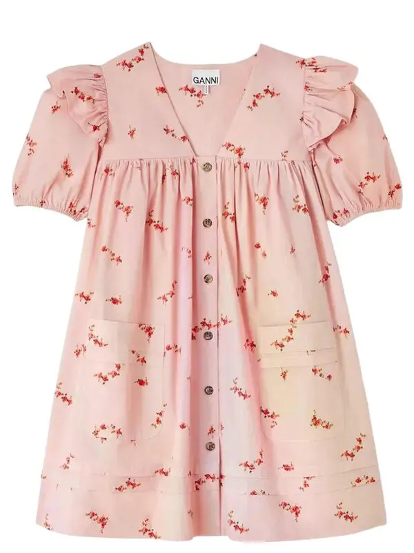 GANNI Floral Print Puff Sleeve Mini Dress - Pink