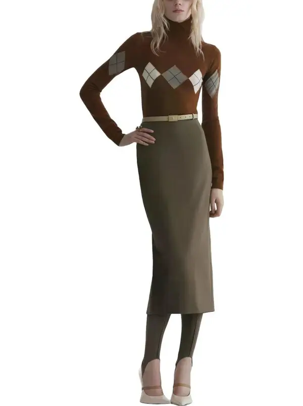 MUGLER Argyle Knit High Neck Long Sleeve Top - Brown