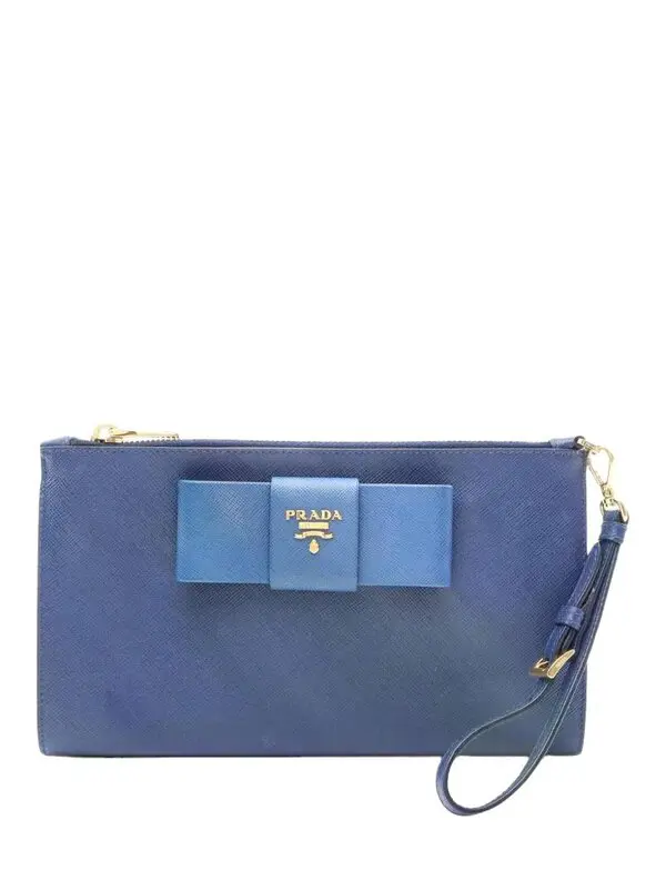 Prada Saffiano Leather Pouch With Bow Detail - Blue