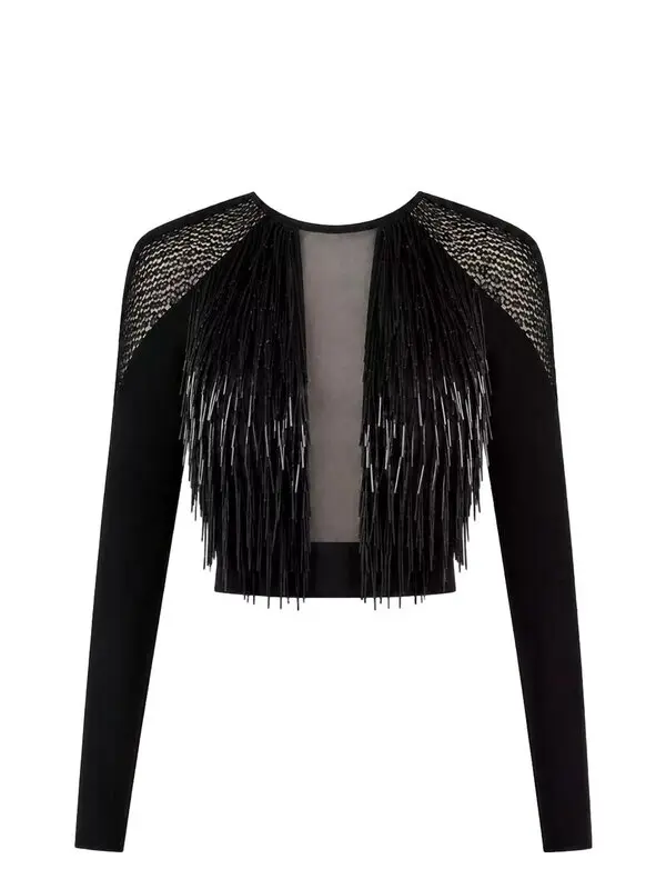 GEMY MAALOUF Fringe Detail Mesh Panel Cropped Top - Black