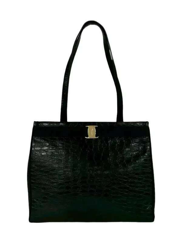 FERRAGAMO 1990-2000 Croc Embossed Leather Tote Bag - Black