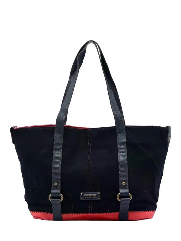 Burberry Leather Trimmed Canvas Tote Bag - Blue