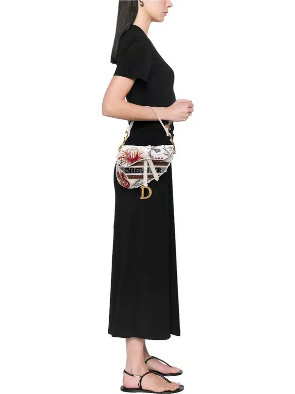 Dior Canvas Embroidered Saddle Bag - White