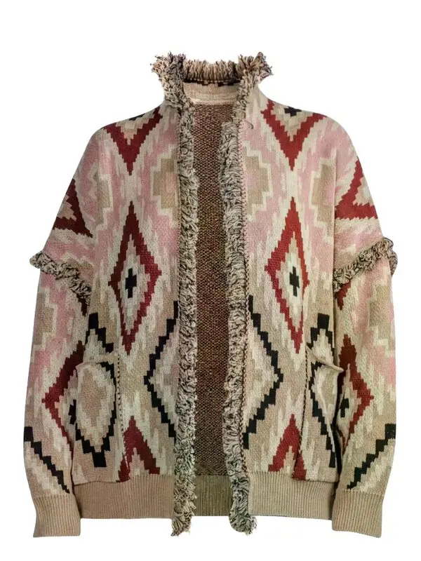 TENSIONE IN Geometric Pattern Fringed Trim Cardigan - Neutrals