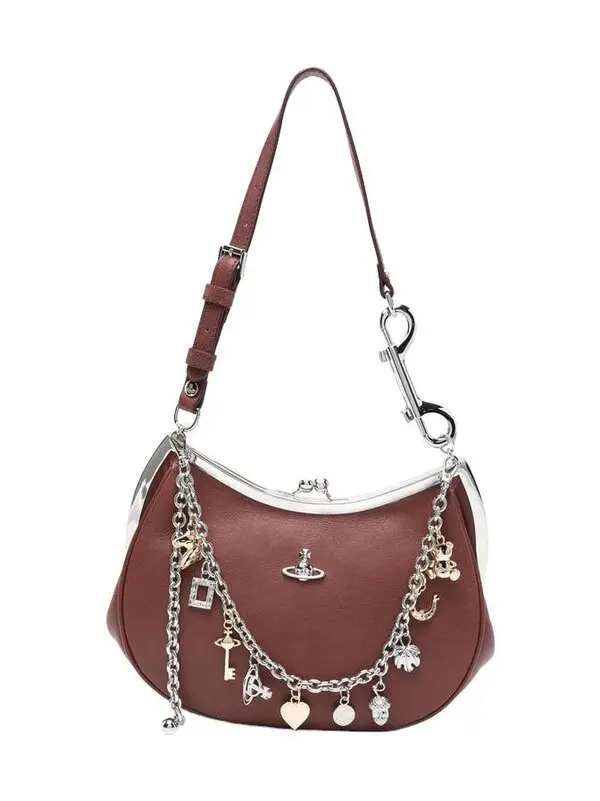 VIVIENNE WESTWOOD Burgundy Leather Tote Bag With Orb Plaque And Embellished Chain - Red