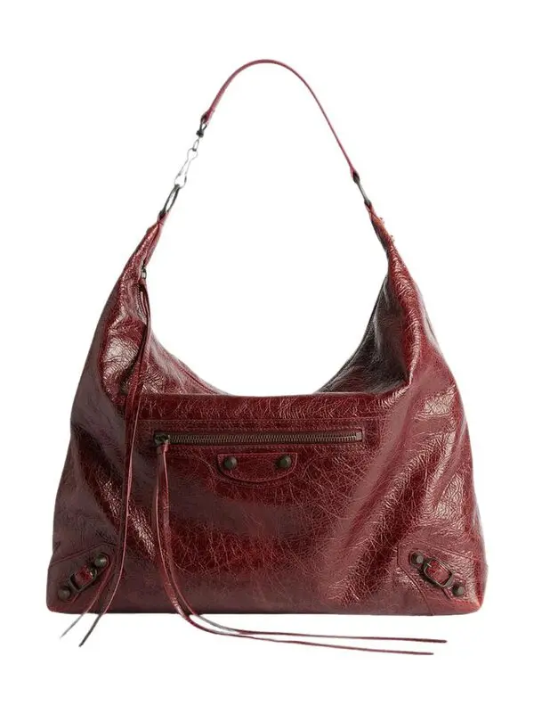 Balenciaga Leather Crinkled Finish Shoulder Bag - Red