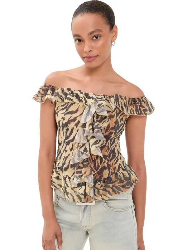 Lioness Off-shoulder Ruffle Print Top - Tiger