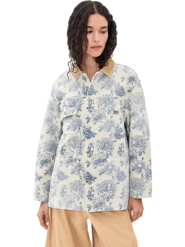 R13 Relaxed Floral Denim Chore Jacket - Dustbloom Indigo