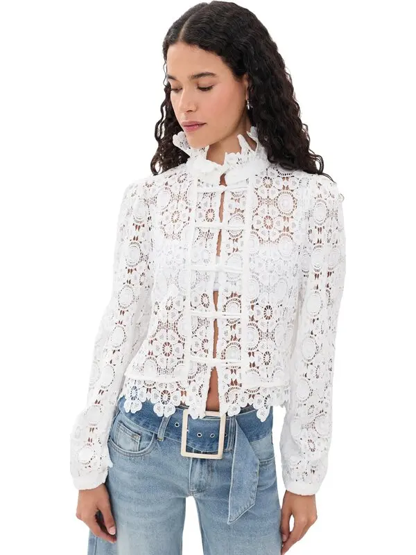 Lioness Overtime Crochet Lace Blouse With Ruffle Trim - Porcelain
