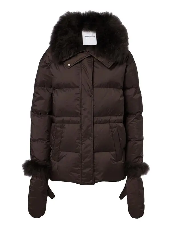YVES SALOMON Down Jacket And Gloves Set With Calf Hair Trim - Brown