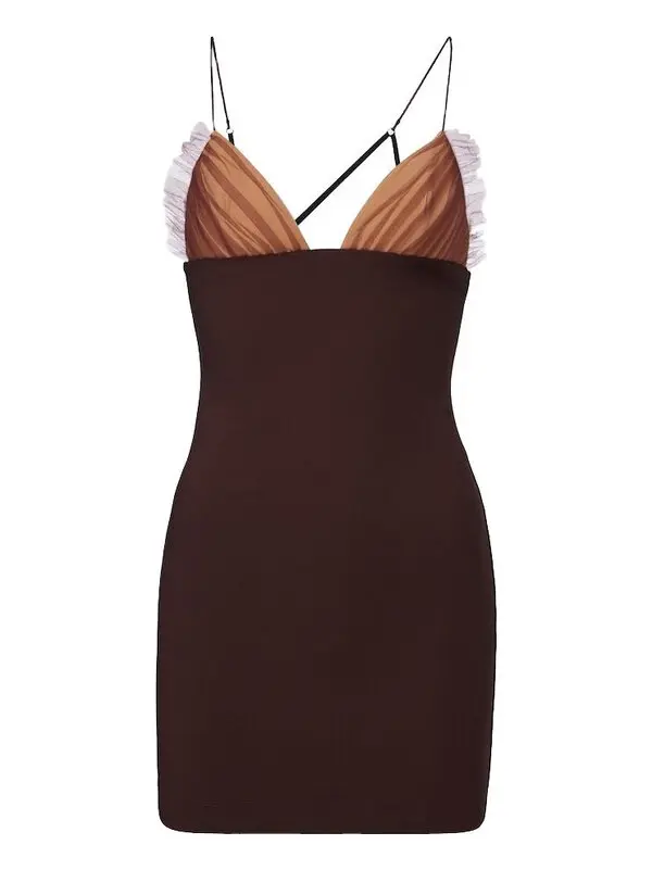 NENSI DOJAKA Ruched Jersey Minidress With Tulle Trim - Brown