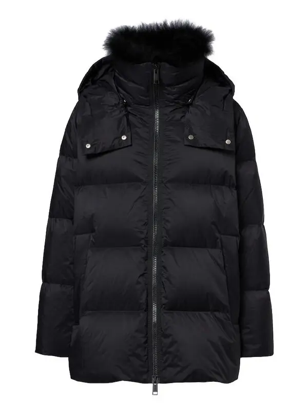 YVES SALOMON Hooded Padded Down Jacket With Calf Hair Trim - Black
