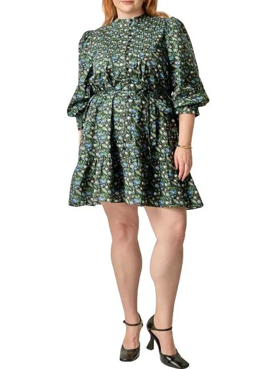English Factory Floral Print Pintuck Smock Mini Dress - Black Multi