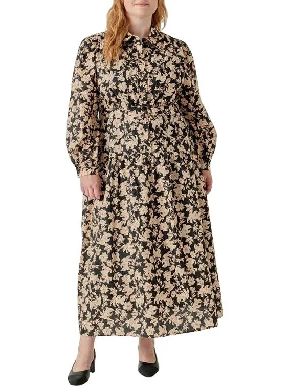English Factory Floral Print Cotton Midi Dress With Belt - Navy/green