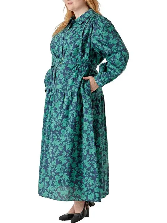 English Factory Floral Print Cotton Midi Dress With Belt - Navy/green