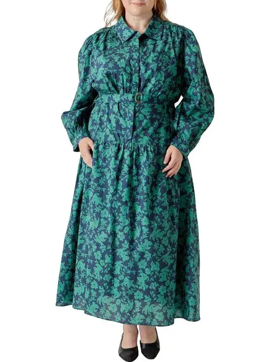 English Factory Floral Print Cotton Midi Dress With Belt - Navy/green