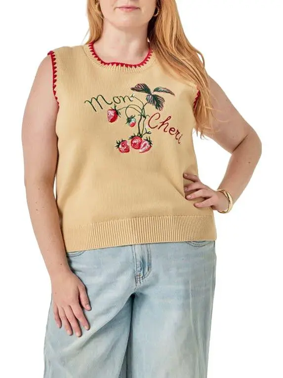English Factory Strawberry Embroidered Knit Vest - Beige/red Multi