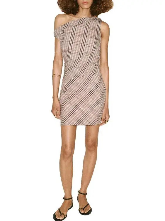 Mango Off-the-shoulder Plaid Mini Dress - Beige